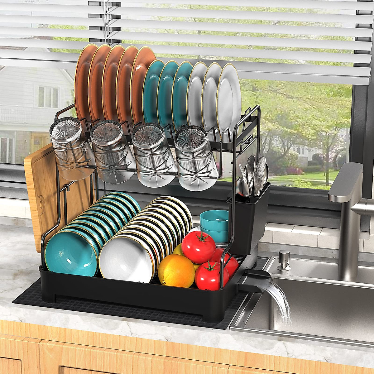 Stofiro Dish Drying Rack with Drainboard, 2 Tier Drying Rack for Kitchen Counter, Rustproof Multipurpose Dish Rack with Cutting Board Holder, Drainage, Utensil Holder, Cup Holder, Dryer Mat