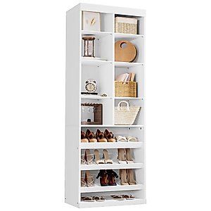 IRONCK Closet Shoe Organizer Cabinet with Shelves and Cubbies, Narrow Footwear Shoe Rack Storage Organizer for Closet for Bedroom, Entryway, Mudroom, White