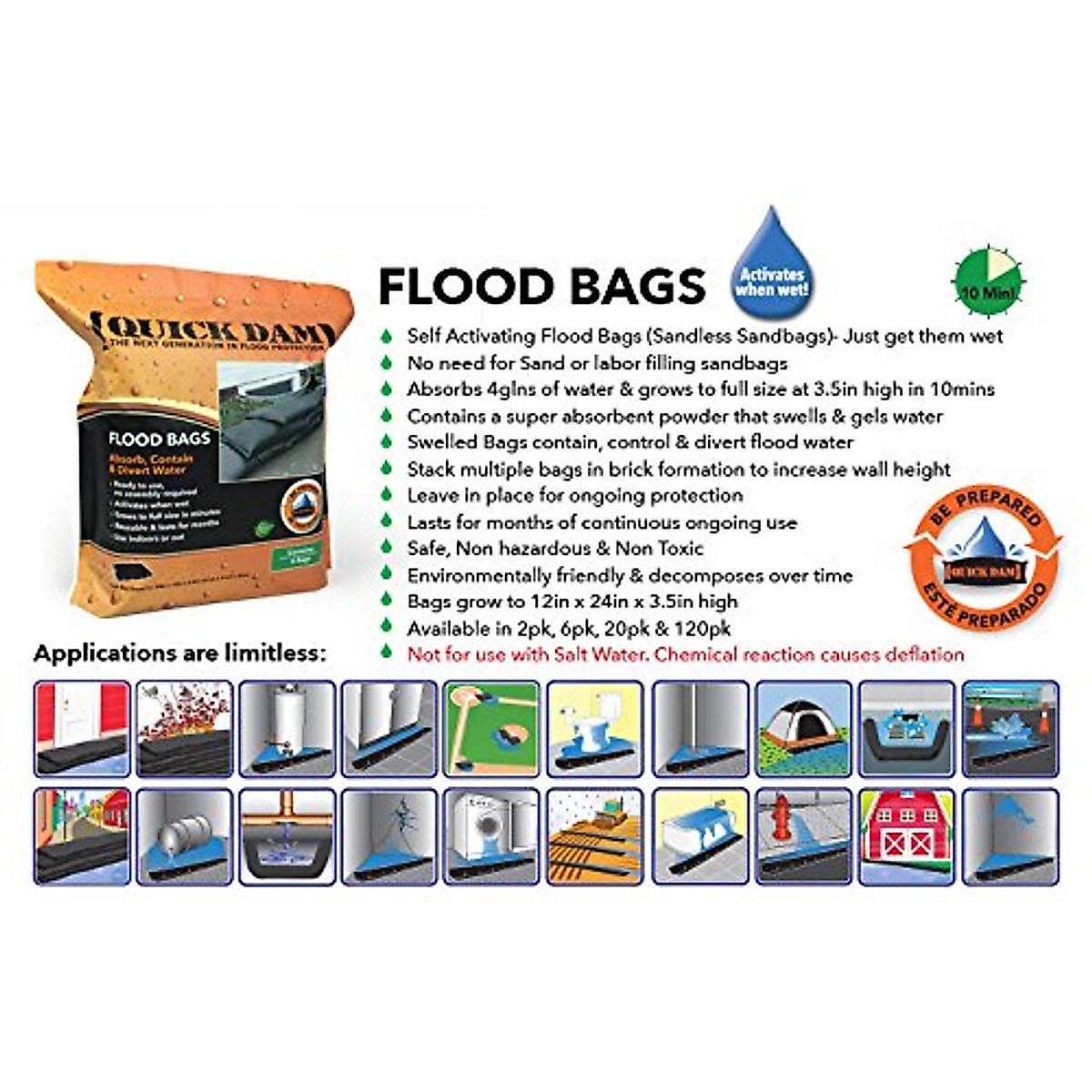 Quick Dam - QD1224-6 Water Activated Flood Bags 1ft x 2ft, 6-Pack