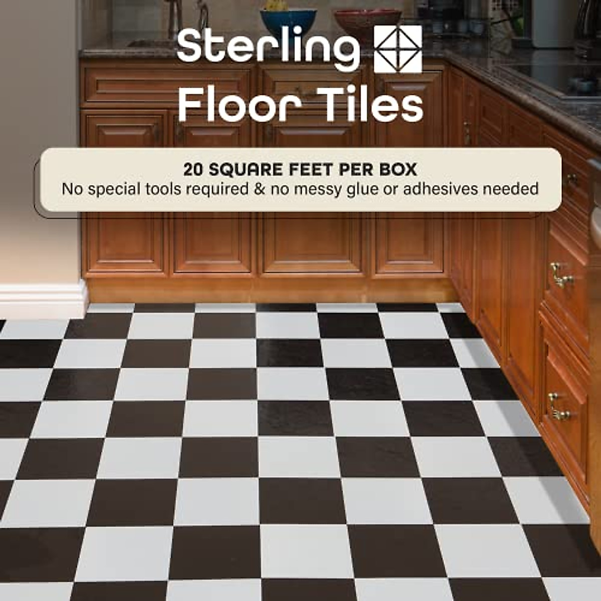 Sterling Self Adhesive 12-Inch Vinyl Floor Tiles, 20 Tiles - 12" x 12", Black and White Pattern - Peel & Stick, DIY Flooring for Kitchen, Dining Room, Bedrooms & Bathrooms by Achim Home Decor