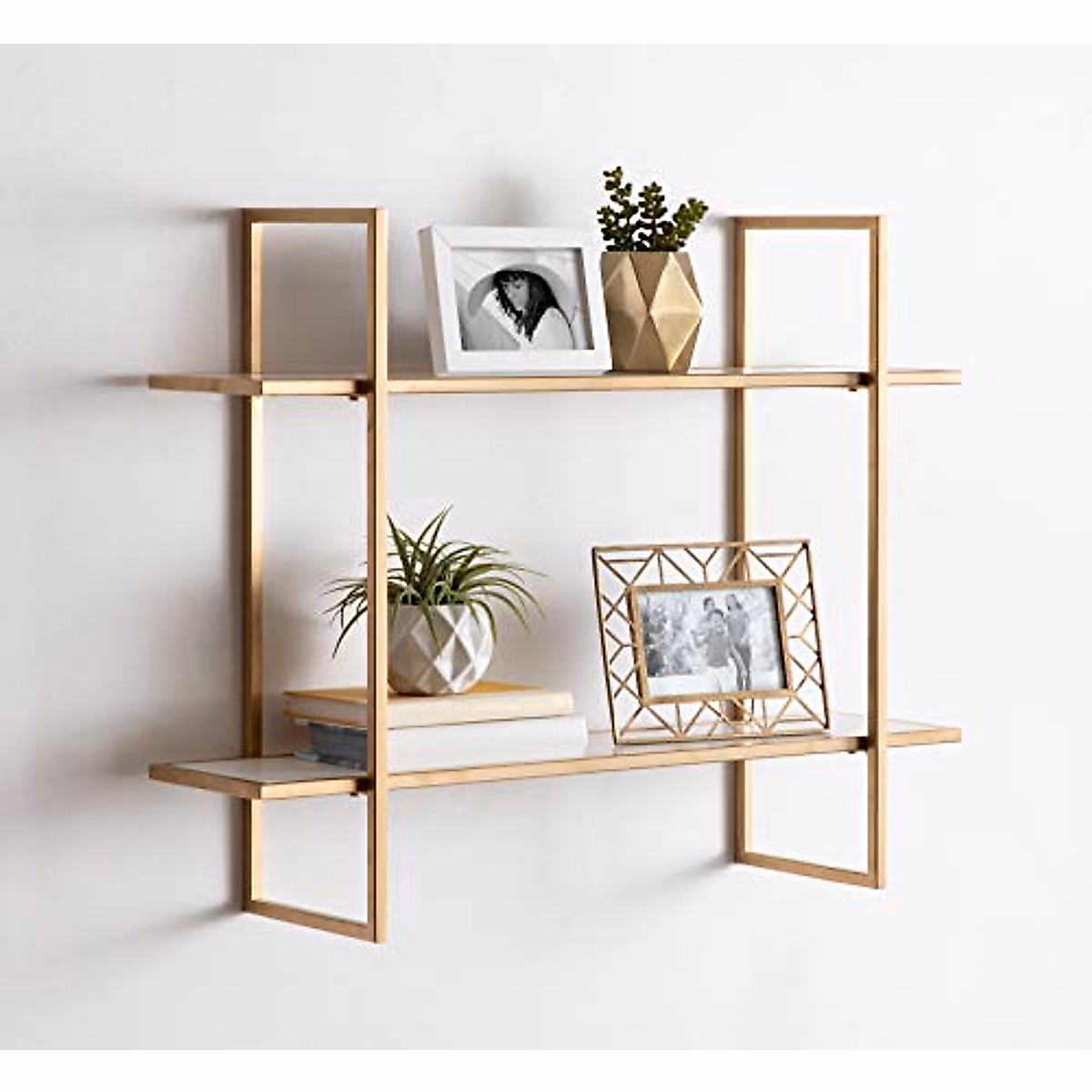 Kate and Laurel Leigh Wood and Metal Wall Shelf, 30" x 24", White and Gold, Unique Modern Glam Home Decor with Efficient Storage Shelves for Smaller Spaces