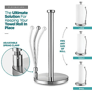 Stainless Steel Paper Towel Holder - Standing Paper Towel Dispenser with Adjustable Spring Arm & Weighted Base for Kitchen, Bathroom, Bedroom - Fits Standard, Large, Jumbo Size Paper Towel Roll Sagler