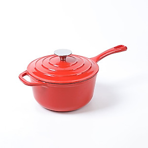 HAWOK Enameled Cast Iron Saucepan, 2.65QT Saucepan with Lid and Long Handle, Red