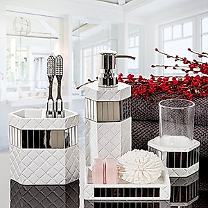 Creative Scents White Bathroom Trash Can – Decorative Mirrored Waste Basket for Bathroom - Space Friendly Wastebasket Rubbish Bin for Elegant Bathroom Decor (Quilted Mirror Collection)