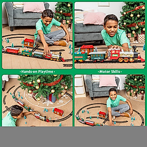 JOYIN Christmas Train Set with Real Smoke, Battery Operated Electric Train Set Including Steam Locomotive Engine, Passenger Car, Gift Car, 2 Xmas Elves, 1 Santa Santa and More! Best Xmas Train Gifts