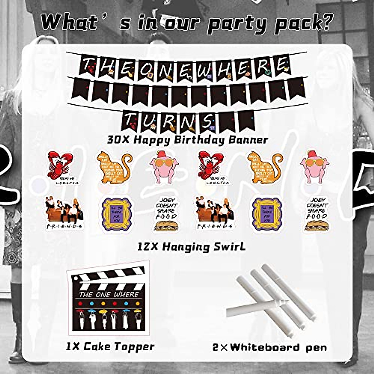 45Pcs Friends Themed Party Decorations Party Supplies Include Banners, Hanging Swirls, Whiteboard Pens, Cake Toppers, Birthday Party Decorations for Friends Fans