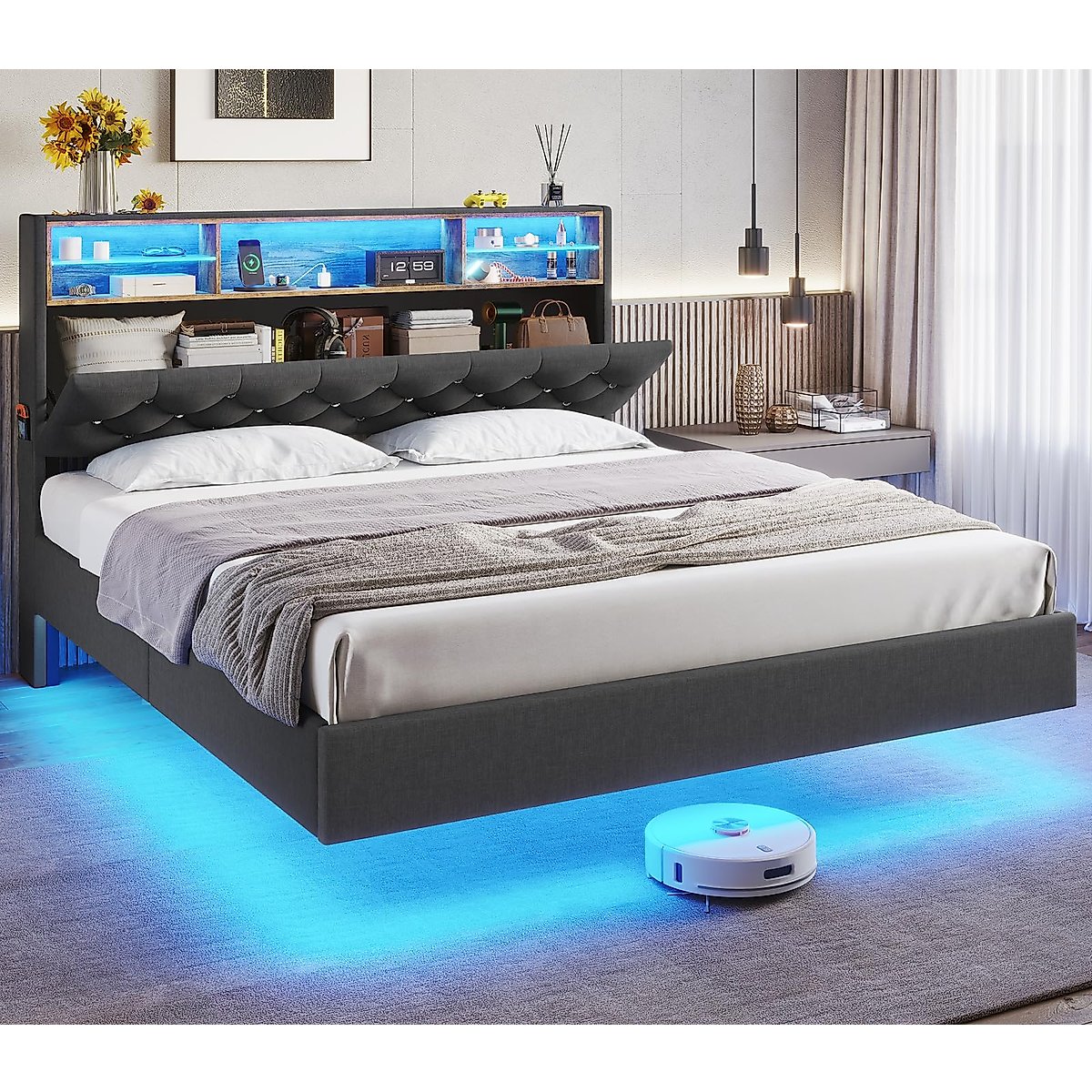 ADORNEVE Queen Floating Bed Frame with Storage Headboard and RGB LED Lights, Linen Upholstered Platform Floating Bed with USB-C/A Charging Station,Innovative Stable Structure,Dark Gray