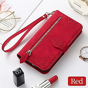ONV Wallet Case for Oppo A92 / Oppo A72 / Oppo A52 - with Zipper Wrist Strap Emboss Flower Flip Phone Case Card Slot Magnet Leather Shell Flip Stand Cover for Oppo A92 / Oppo A72 / Oppo A52[SZY] -Red