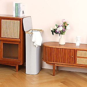 efluky Slim Laundry Hamper with Lid, Narrow Laundry Hamper with Removable Bag, Collapsible Dirty Clothes Basket with Handles for Bathroom, Bedroom & Laundry Room, 63L Light Grey