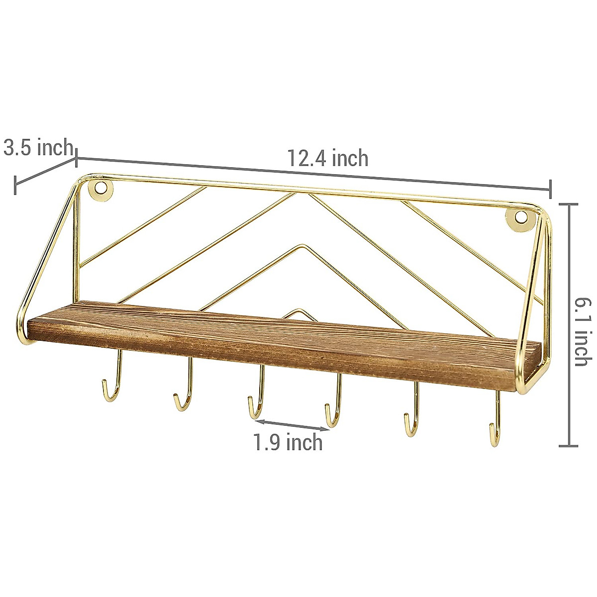 MyGift 12.4 Inch Brass Wall Key Holder Organizer Rack, Decorative Wall-Mounted Entryway Floating Wood Shelf with 6 Key Hooks