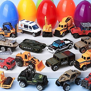 JOYIN 18 Pcs Jumbo Easter Eggs Filled with Die-cast Vehicles, Pull Back City Cars and Trucks Toy Prefilled Egg for Kids Basket Easter Stuffers, Party Favors and Easter Eggs Hunt