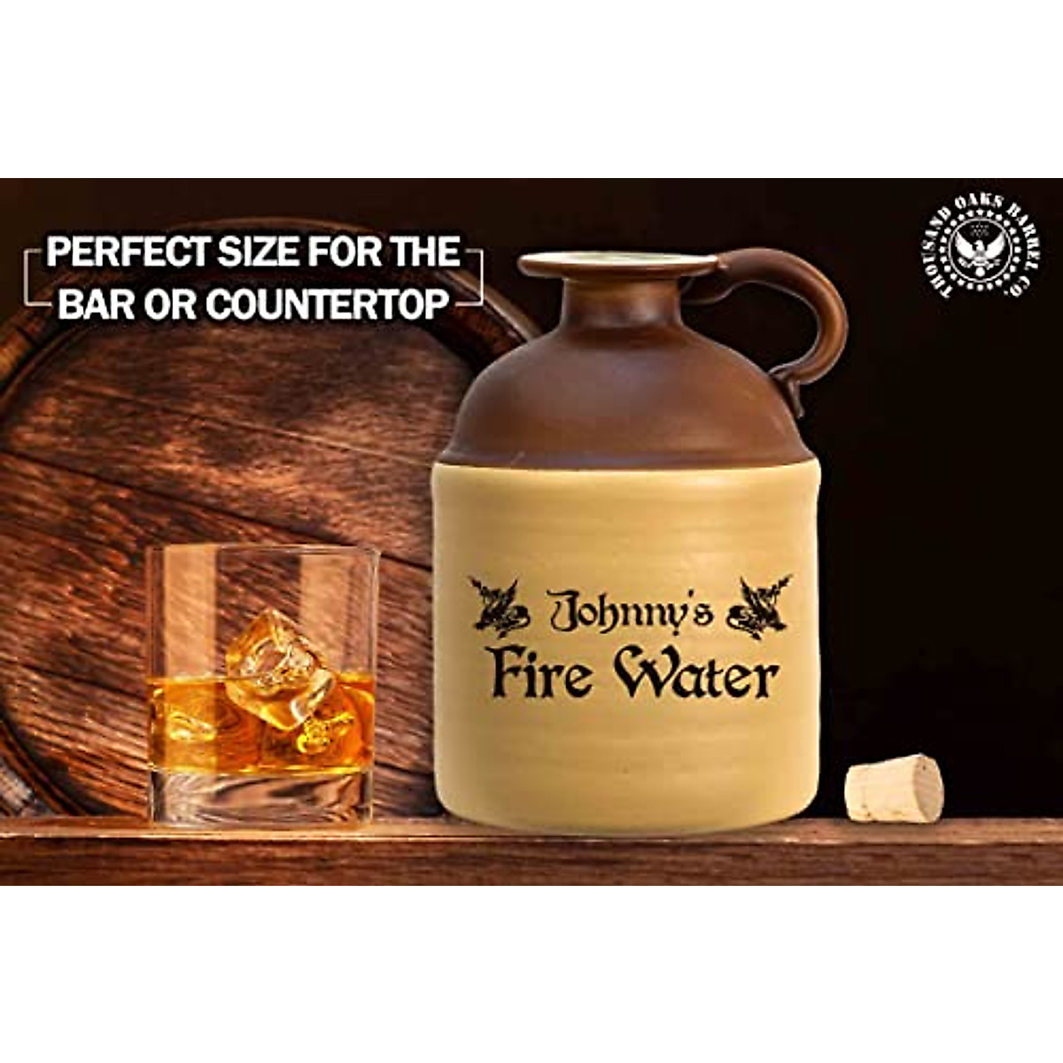 Thousand Oaks Barrel Co. Personalized Glass Moonshine Jug 750ml (0.2 gallon) - Traditional Style Engraved Glass Liquor Decanter Bottle with Cork Stopper and Finger Ring, Ideal for XXX Moonshiner (MJ1)
