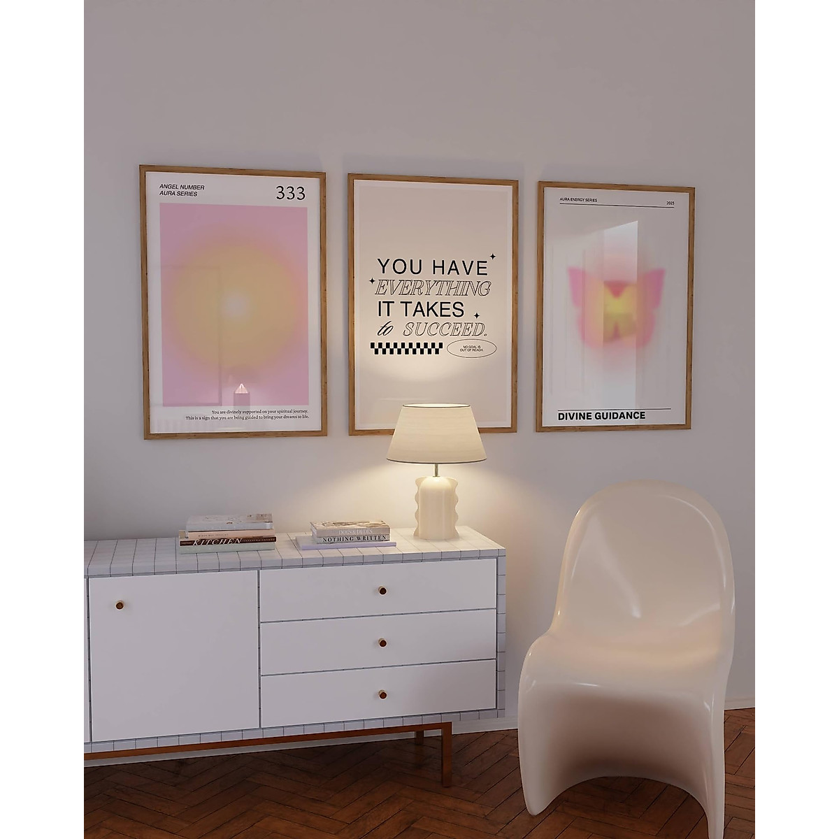 iHery Large Unframed Aura Angel Numbers 333 Poster Set of 3, Premium Quality 12x16in Canvas Wall Art Decor Aesthetic, Pink Trendy Spiritual Energy Gradient Print for Yoga Bedroom,Living Room