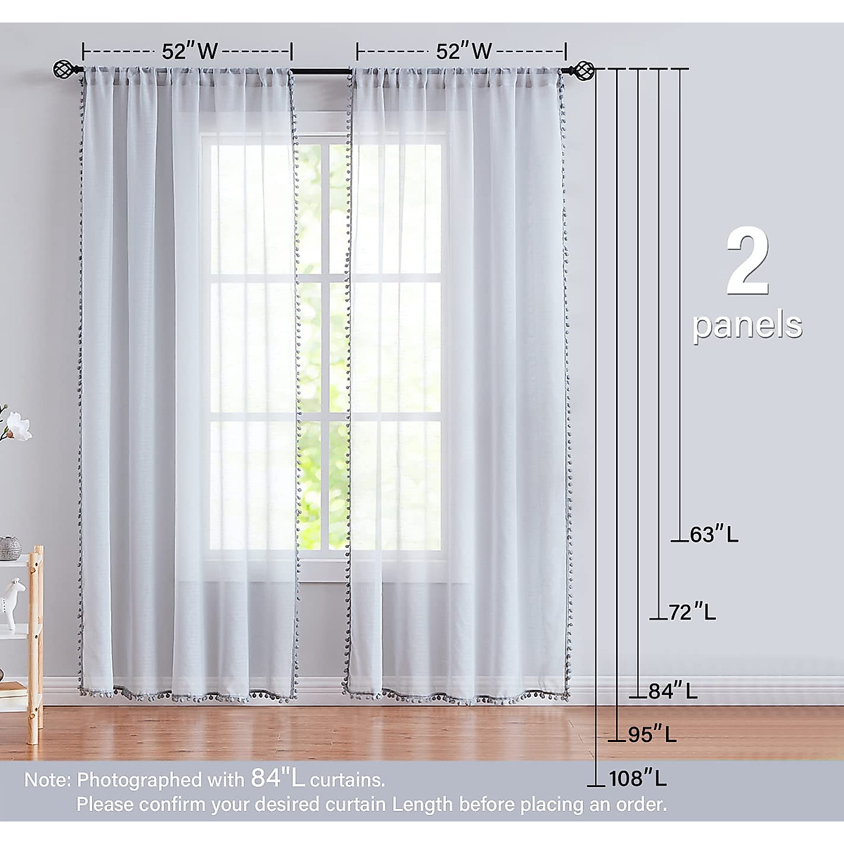 Treatmentex Grey Sheer Window Curtains for Living Room 95 inches Pom-Pom Canopy for Children Bedroom Rod Pocket 2Pack