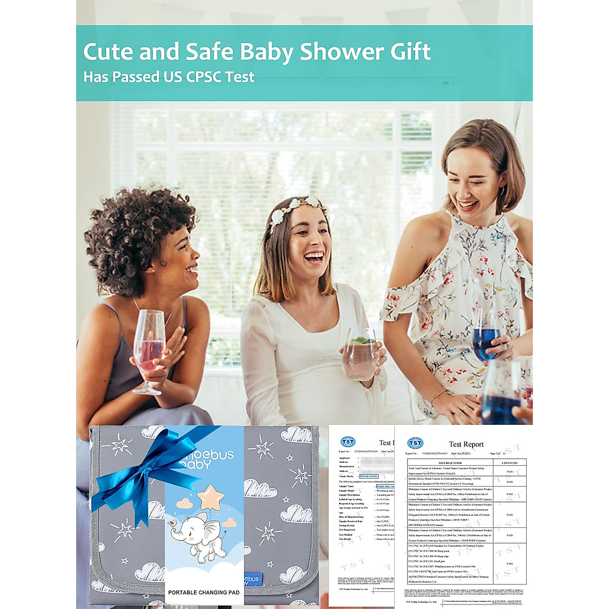 Baby Portable Changing Pad Travel - Waterproof Compact Diaper Changing Mat with Built-in Pillow - Lightweight & Foldable Changing Station, Newborn Shower Gifts (Clouds and Elephant)