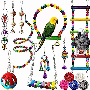 Hamiledyi Bird Parrot Swing Chewing Toy Set 15PCS Wooden Hanging Bell with Hammock Climbing Ladders Colorful Pet Birds Cage Toys for Small Parakeet Cockatiel Conures Finches Budgie Macaws Love Birds