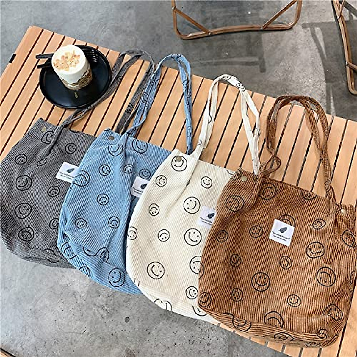 Cessfle Preppy Smiley Face Tote Bag, Corduroy Tote Bag Aesthetic Smiley Cute Tote Bags Handbag Shoulder Bags Teen Girls Trendy Stuff