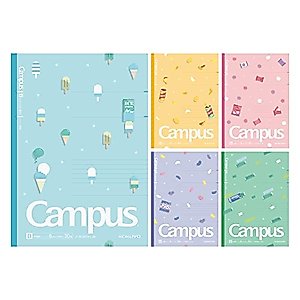 KOKUYO Composition Notebooks, 5 Pack Campus Semi-B5 Comp Book with Dot B 6mm Ruled, 30 Sheets, School Lined Notebook in Snack Motif, Journal Notebook for Women Work Study Note Taking (NO-3CBTN-L36X5)
