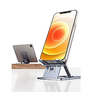 LISEN Travel Essentials Accessories Foldable Cell Phone Stand, [Sturdy Aluminum Metal] Adjustable Cell Phone Holder [Ultra Thin] Portable Stand for Desk Compatible with All Smartphones, Tablets