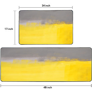 Jesmacti Kitchen Rugs and Mats Washable Yellow and Grey Abstract Art Printing Non-Skid Kitchen Floor Mats 17"x48"+17"x24" Sets 2 Piece Kitchen Rugs for Floor Front of Bed,Laundry Room,Hallway