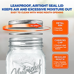 NutriChefKitchen Mason Jars with Lids - 16oz DIY Magnetic Spice Jar Glass Container w/Airtight Lid and Band - Ideal for Meal Prep, Overnight Oats,Jelly,Jam, Honey,Candles,Crafts,Wedding Favors (2 Pcs)