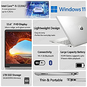 HP 15.6 inch Laptop, Intel Core i5-1135G7 Processor, 15.6" FHD Anti-Glare LED Display, HDMI, Wi-Fi and Bluetooth, Lightweight Design, Fast Charge, Windows 11 Home (16GB RAM | 1TB SSD)