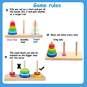 GYBBER&MUMU Wooden Towers of Hanoi (8 Rings) Rainbow Blocks Toy with Storage Box for Kids 3 Years and Up