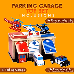Rescue Station Kids Playset - 2-Level, 3-Bay Parking Garage Toy Set with Fire Truck, Ambulance, Police Car, and 3 Rescue Helicopters - Wooden Toy Rescue Vehicles for Kids Ages 3 and Up