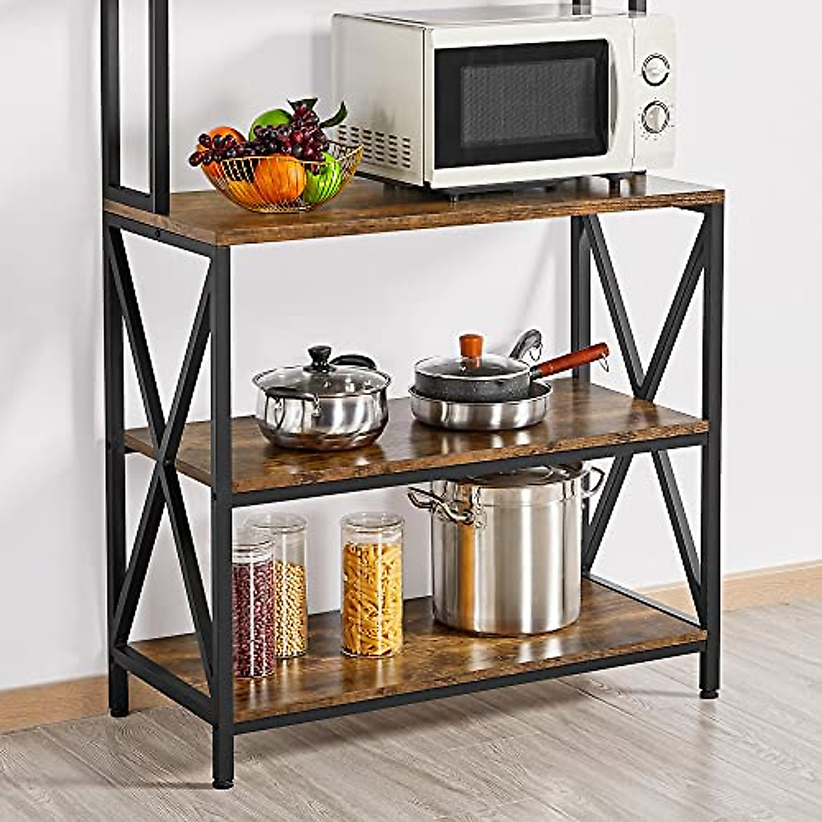 Yaheetech Kitchen Bakers Rack with Storage, 5-Tier Microwave Oven Stand Shelf Coffee Bar, Freestanding Utility Kitchen Storage Rack with X Designed Metal Support, 35.5 x 16 x 65 inches, Rustic Brown