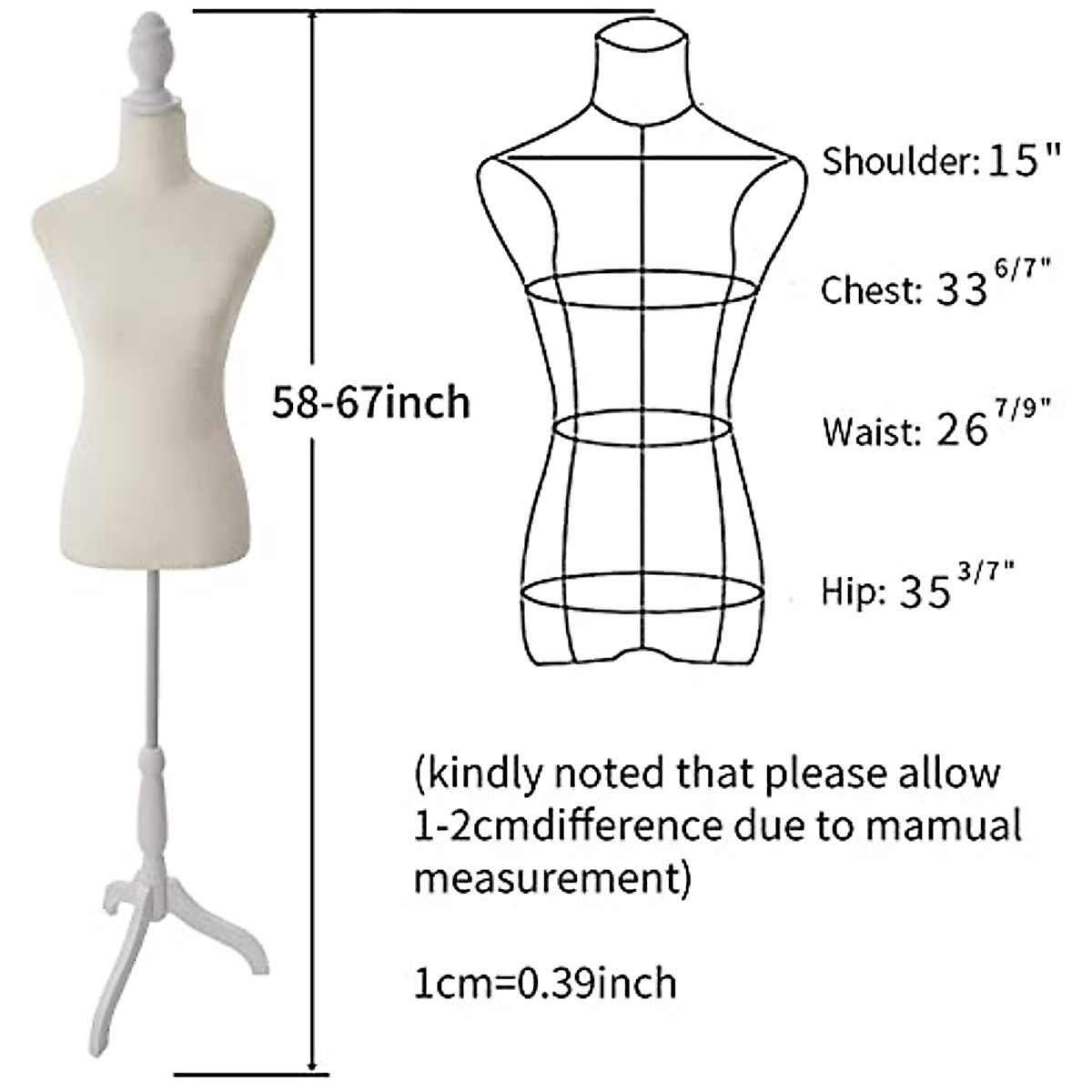 Beige Female Dress Form Mannequin with Pinnable Torso Body Adjustable Tripod Stand Dress Jewelry Display