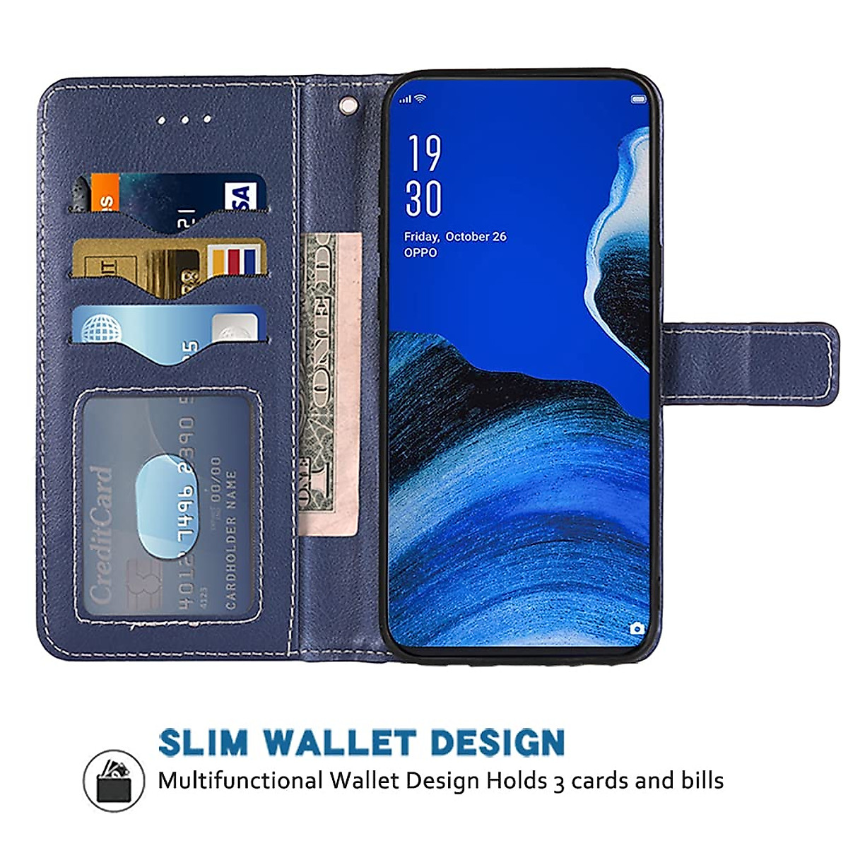 FDCWTSH Compatible with Oppo Reno 2Z Wallet Case Wrist Strap Lanyard and Leather Flip Card Holder Stand Cell Accessories Phone Cover for Oppo Reno2 Z/Reno2 F CPH1945 CPH1951 Women Men Blue