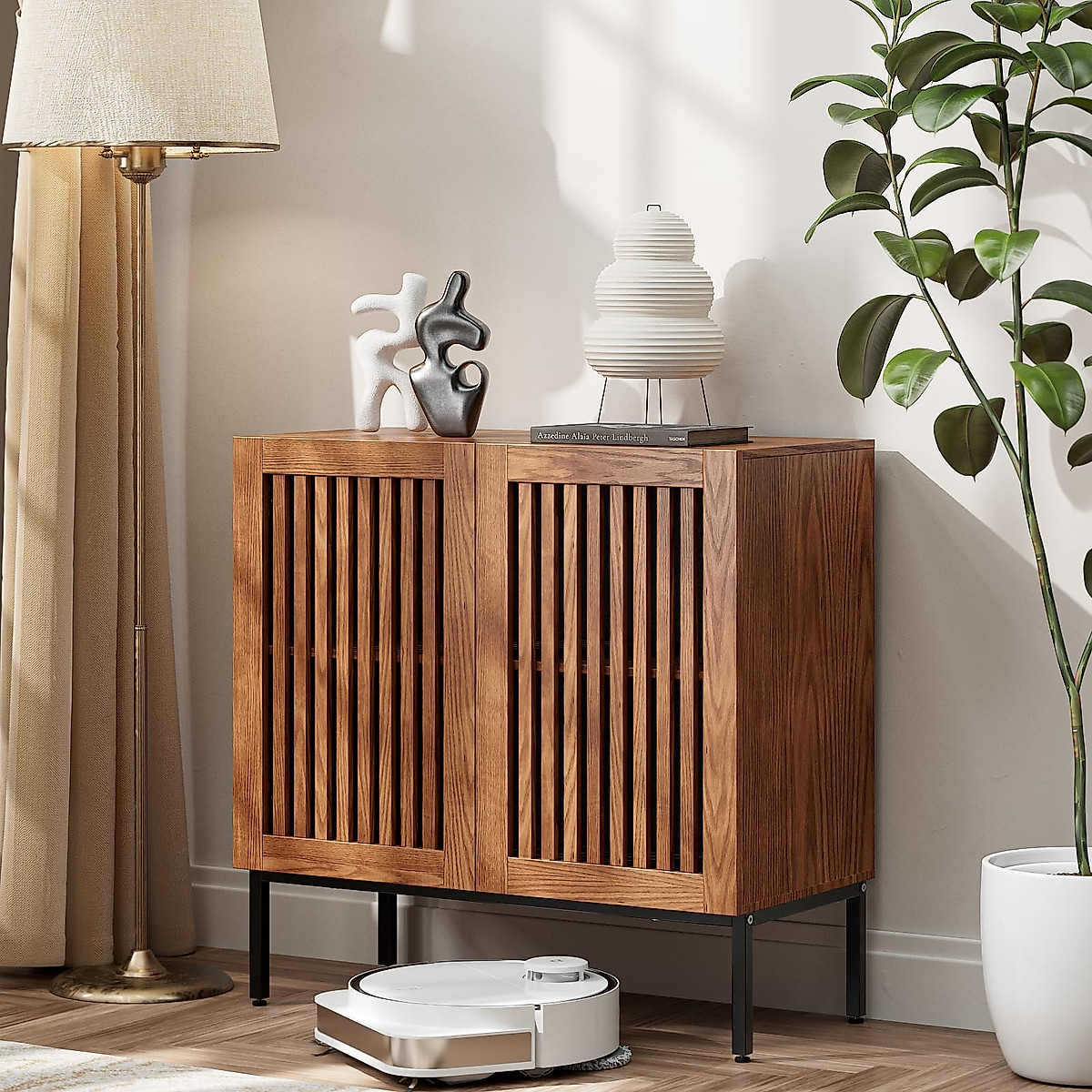 BVIUNTWO Storage Cabinet,31.5" Farmhouse Buffet Cabinet with Metal Base and Adjustable Shelf,Sideboard Coffee Bar Cabinet with 2 Doors for Kitchen,Dining Room,Living Room,Brown