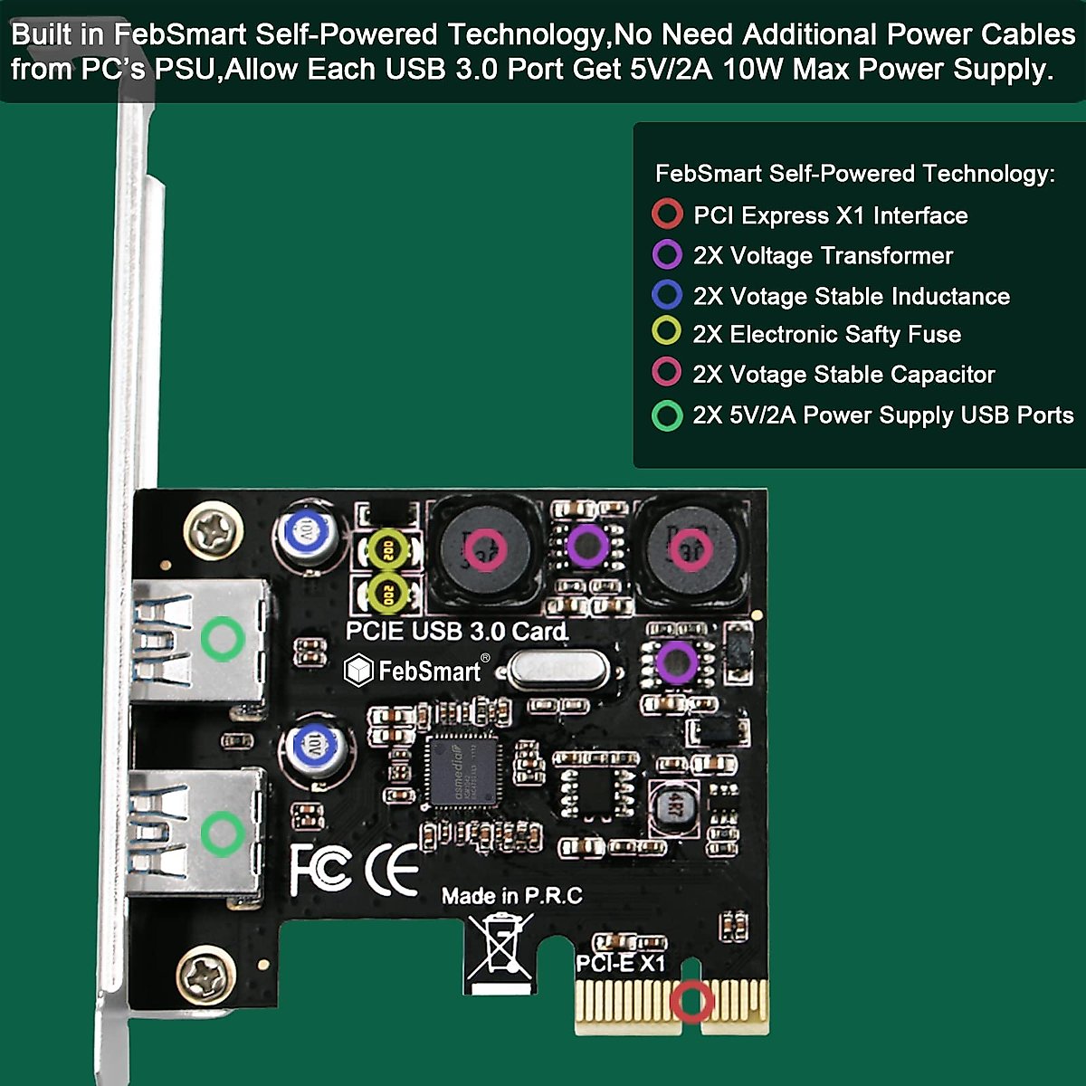 FebSmart 2-Ports Superspeed 5Gbps USB 3.0 PCI Express Expansion Card for Windows, MAC OS X and Linux Desktop PCs, Built in Self-Powered Technology, No Need Additional Power Supply (FS-U2S-Pro)