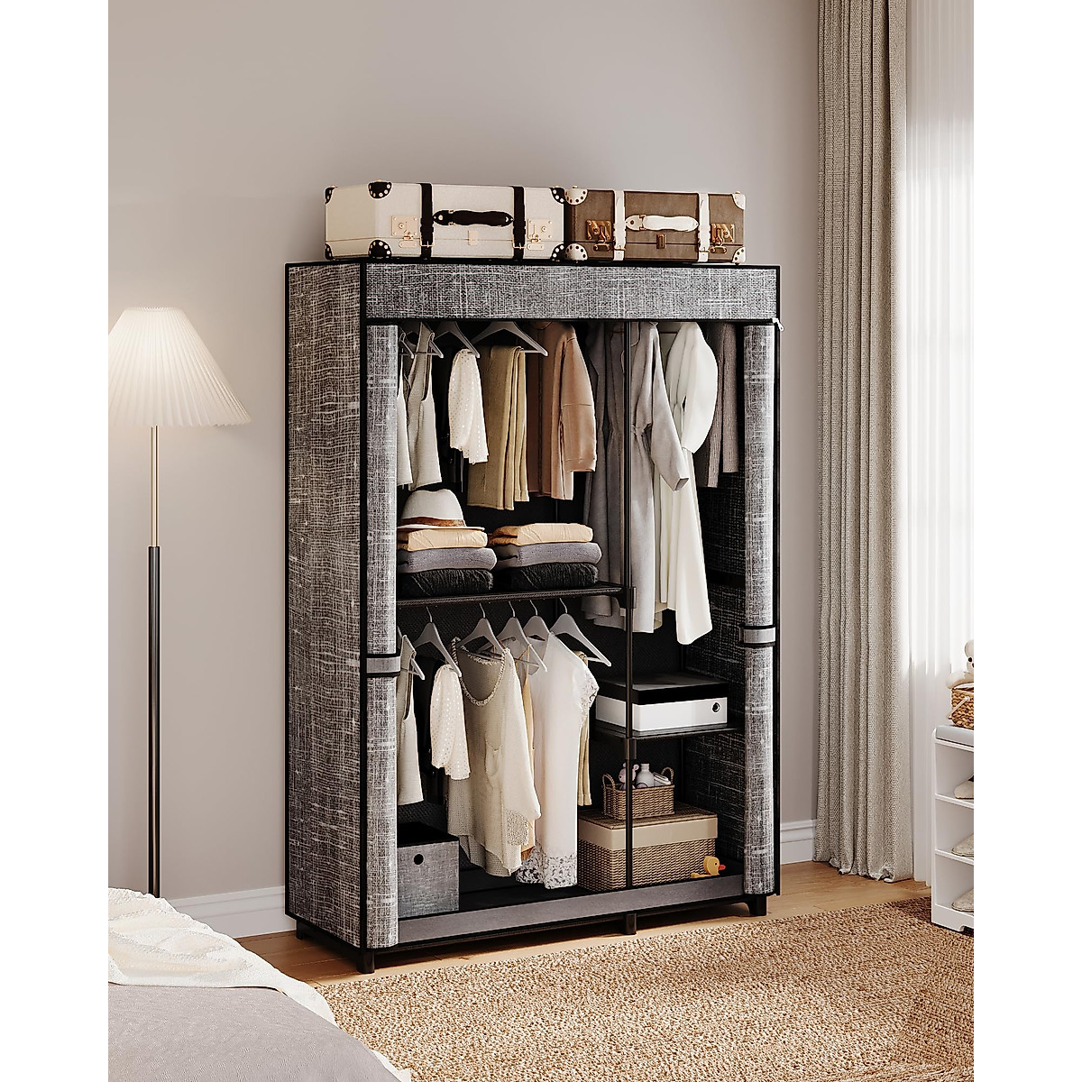 Hzuaneri Closet Wardrobe, 48.8-inch Portable Closet for Bedroom, 3 Clothes Rail Clothes Rail with Fabric Cover, Clothes Storage Organizer, 48.8 x 16.9 x 71.8 Inches, 4 Compartments, Grey WC09304G