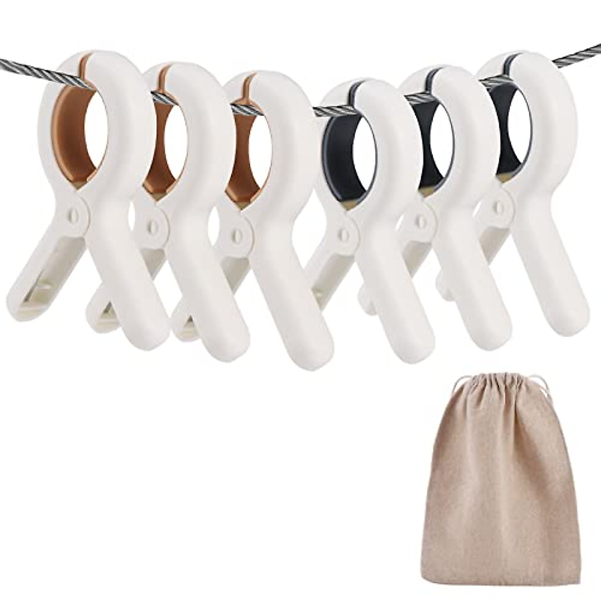 PXRJE 6pcs Plastic Beach Towels Clips + 1pc Storage Bag, Windproof Large Size Beach Towels Holder,Heavy Duty Laundry Clothes Pins Clips on Clothesline and Hanging(Size:XL)