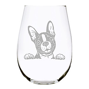 Boston Terrier themed dog stemless wine glass, 17 oz.
