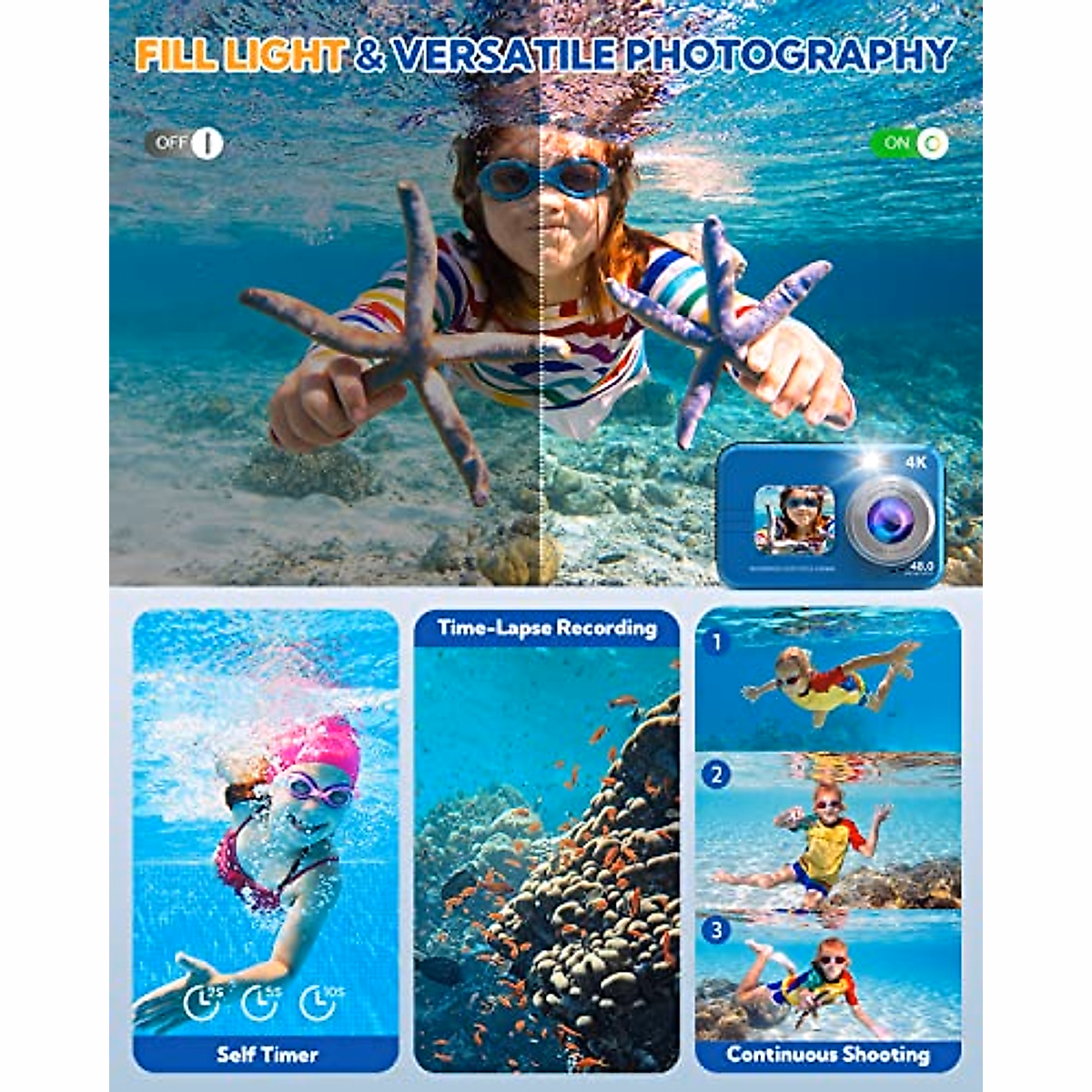 Underwater Camera, 4K 48MP Autofocus Waterproof Digital Camera with Selfie HD Dual Screens, 11FT 16X Digital Zoom Waterproof Camera with 64GB Card, Fill Light Underwater Camera for Snorkeling