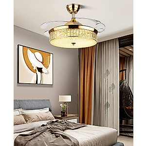 MORE CHANGE Crystal Ceiling Fan with 4 Retractable Blade, Chandelier Ceiling Fan with Lights and Remote, Chandelier ceiling fan for Living Room/Bedroom (36 inch Rose Gold)