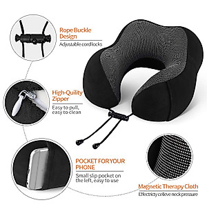 Emgthe Travel Pillow 100% Memory Foam Pillow, Neck Pillow for Airplane, Neck & Head Support Pillow for Sleeping Rest & Car, Travel Pillows Kit with Storage Bag, Sleep Mask and Earplugs Black