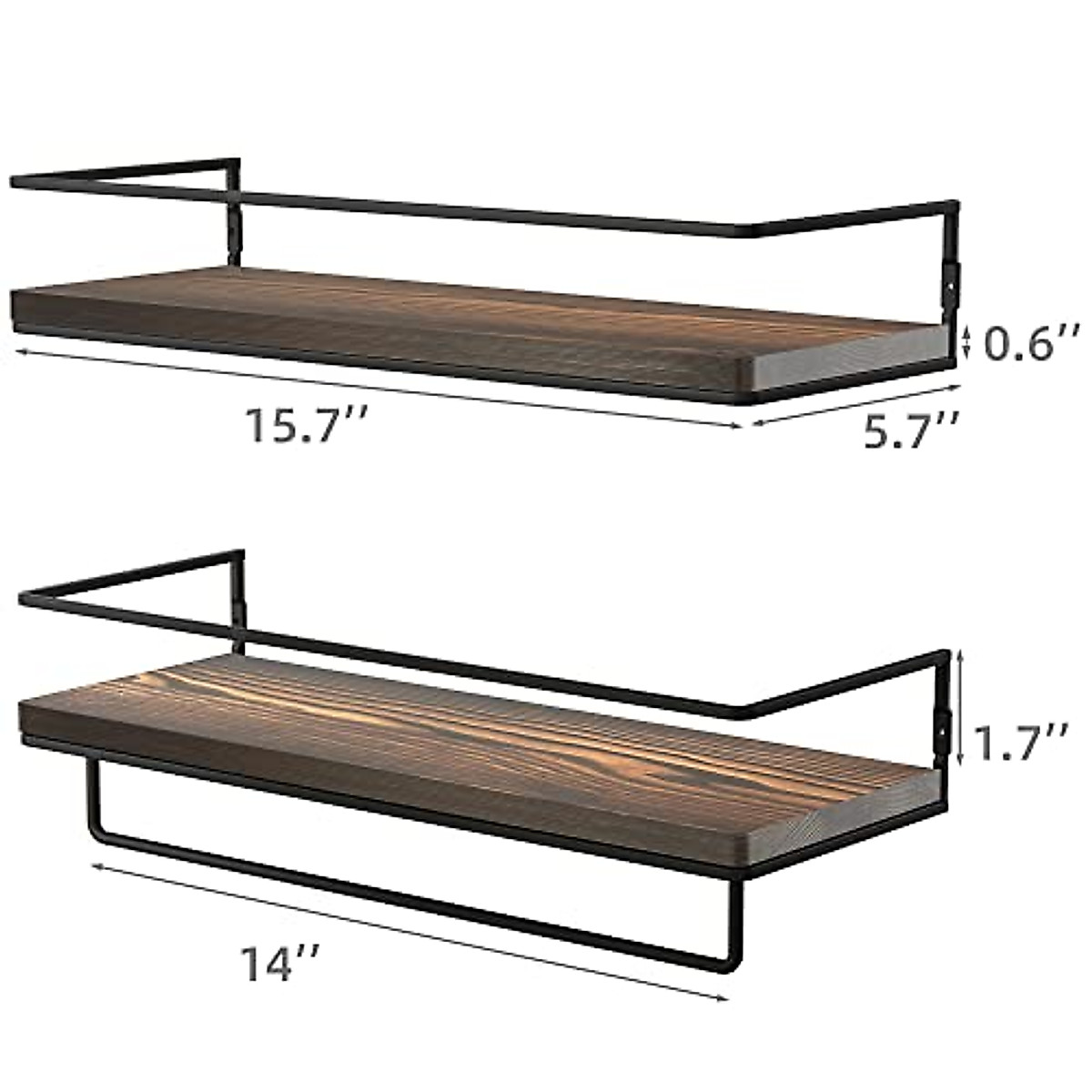 ZGO Floating Shelves for Wall Set of 2, Wall Mounted Storage Shelves with Metal Frame and Towel Rack for Bathroom, Kitchen, Bedroom