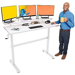 Stand Steady Tranzendesk 55 Inch Standing Desk with Clamp-On Shelf | Crank Height Adjustable Stand Up Workstation with Attachable Monitor Riser | Extra Large Sit Stand Desk Hold 3 Monitors (White)