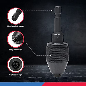 NEIKO 20753A Keyless Drill Chuck for Impact Driver, Chuck Conversion Adapter, 1/4” Hex Shank, Convert Cordless Screwdrivers into Power Drills in Seconds, For Round-Shank Drill Bits, No Keys Needed