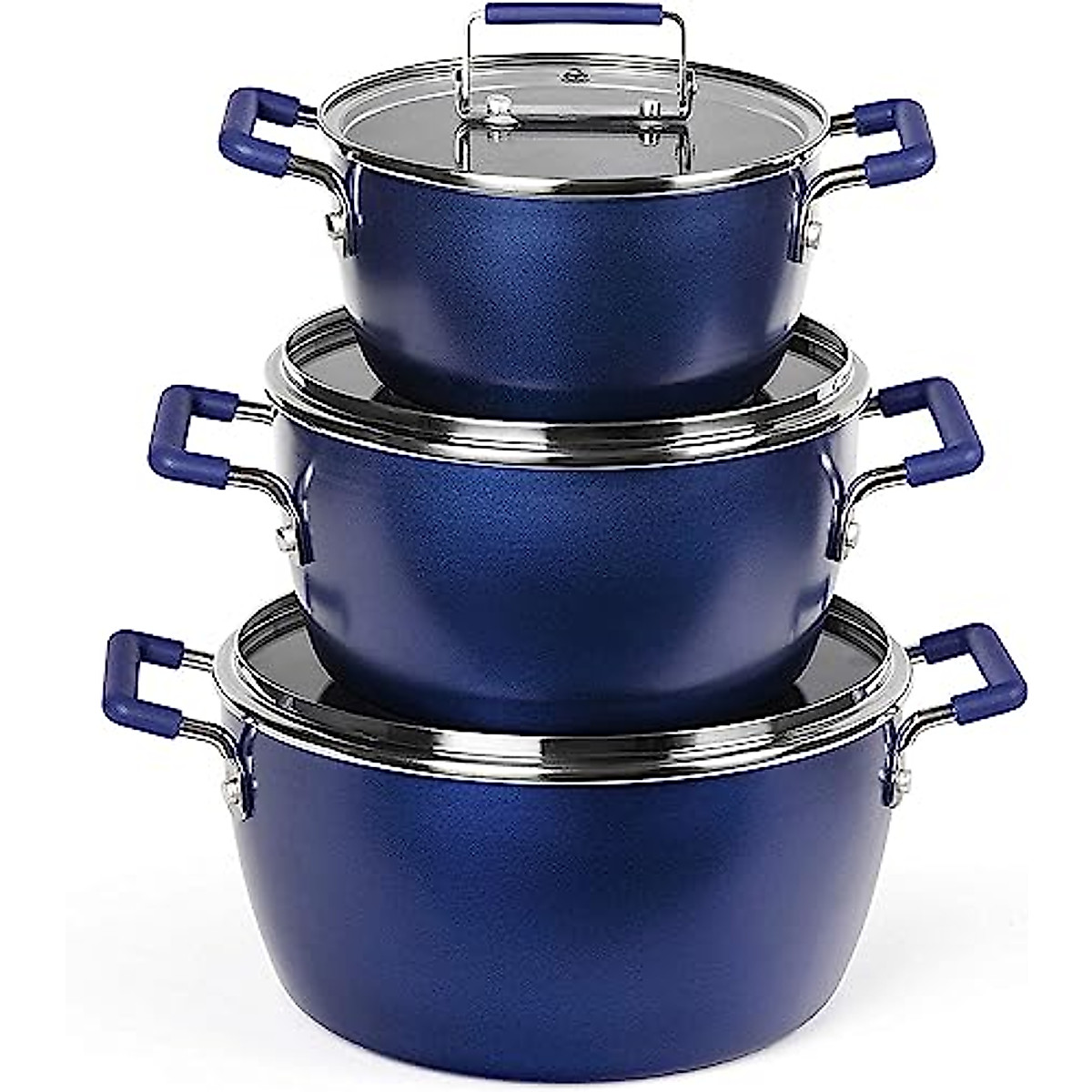 Granitestone 6 Pc Stackable Pot Set, Nesting Non Stick Pots with Lids, Cooking Pots Set, Stock Pot Set with 1.5/3 / 5 Qt Pots with Lids, Induction Cookware, Dishwasher Safe, Non Toxic - Blue