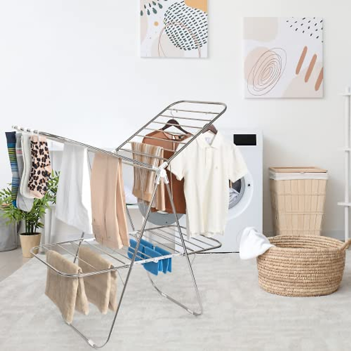 Luxe Laundry Premium Clothes Drying Rack, Foldable 2-Layer Stainless Steel Drying Rack, Free Standing with Height Adjustable Wings, Stainless Steel, Sock Clips, Towel Rack, Clothes, White