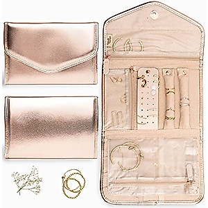 Altitude Boutique Travel Jewelry Organizer Roll Foldable Jewelry Case for Journey Packing Vacation-Rings, Necklaces, Bracelets, Earrings (Rose Gold, Medium)