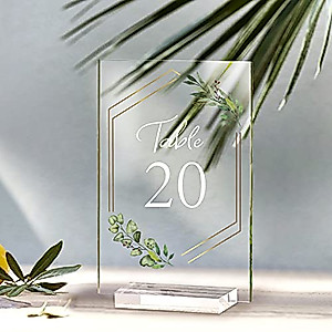 AerWo Acrylic Wedding Table Numbers 1-20 with Stands, 4x6 inches Clear Sign Place Cards with Gold Trim Green Floral Theme, Rustic Table Numbers for Wedding Reception Anniversary Baby Bridal Shower