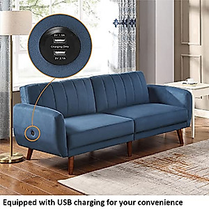 PEFEK Futon Sofa Bed Sleeper Loveseat Convertible Couch for Living Room with USB Charging, Modern Velvet Teal Love Seat Sofá Couch, Sofa Cama para Sala Muebles, Navy