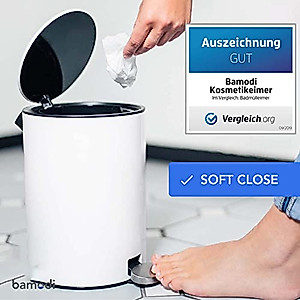 Bamodi Mini Step Trash Can with Lid - 0.8 Gallon Stainless Steel Garbage Can - Soft-Closing System and Removable Inner Bucket Trash Bin - Ideal for Bathroom, Bedroom and Kitchen - White