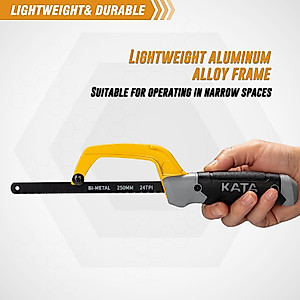 KATA Hacksaw, Compact Hand Operating Hack Saw with 10 Inch Aluminum Frame and 2 Piece Extra Flexible Bi-Metal HSS Blades, Suitable for Wood and Metal (Mini Hacksaw)
