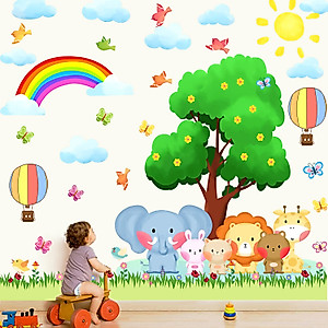 KOKOLAP 3 Sheet Big Tree Animal Wall Stickers,Forest Animal Wall Decal Baby Room Decor,Nursery Wall Decor Sun Wall Stickers Peel and Stick,Elephant Bear Wall Sticker Kids Room Bedroom Classroom Decor